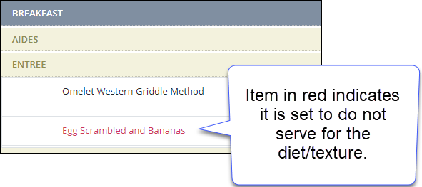 Viewing Offerings for Diet/Texture Types on Menu Day View – MealSuite