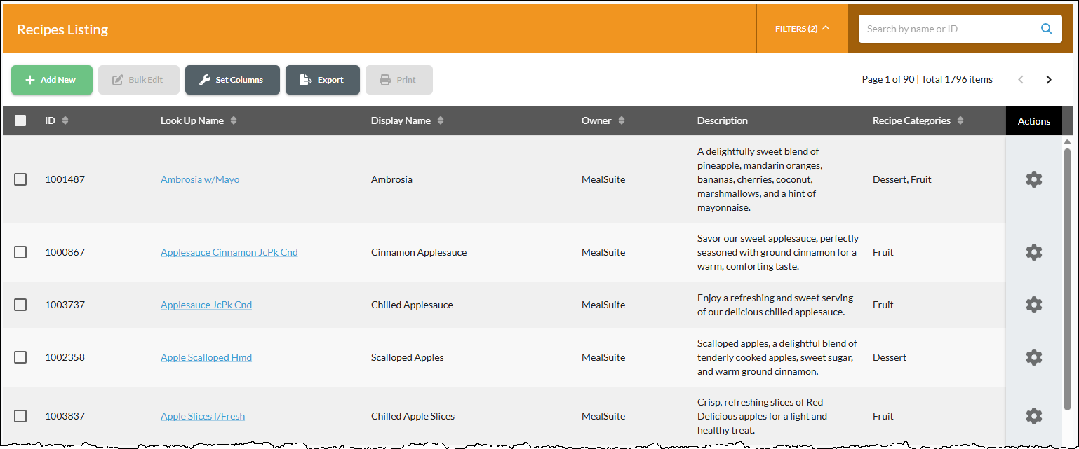 Opening and Customizing Your Recipe List (via the Recipes Listing ...