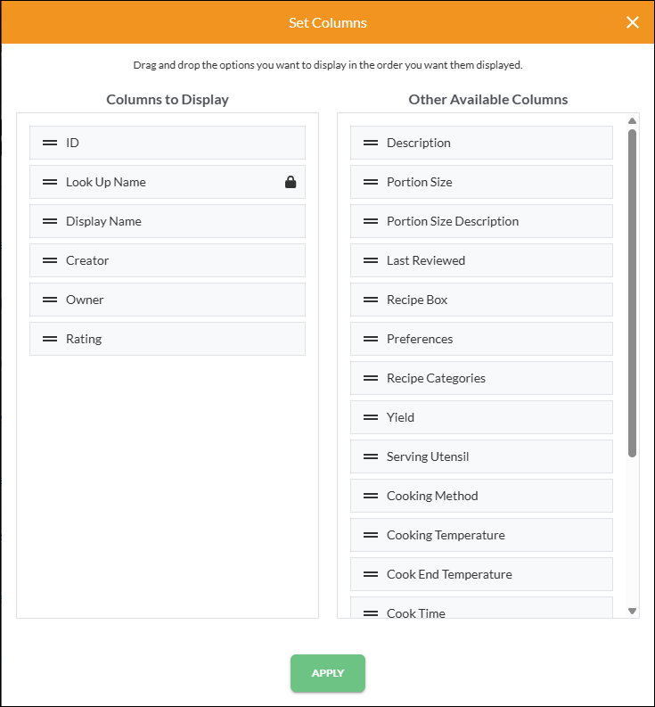 Setting Preferred Columns on the Recipes Listing Screen – MealSuite