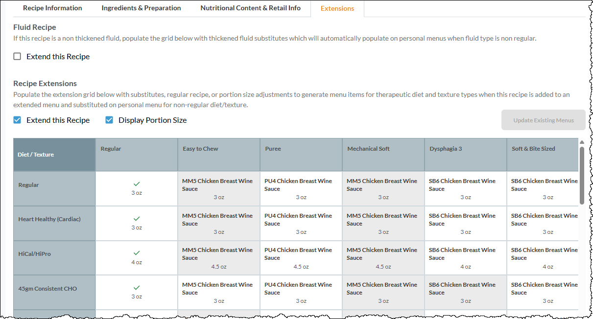 Working in a Recipe Extension Grid – MealSuite
