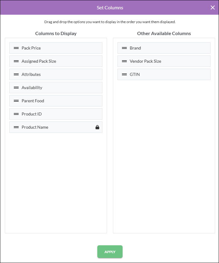 Working in a Vendor Product List – MealSuite