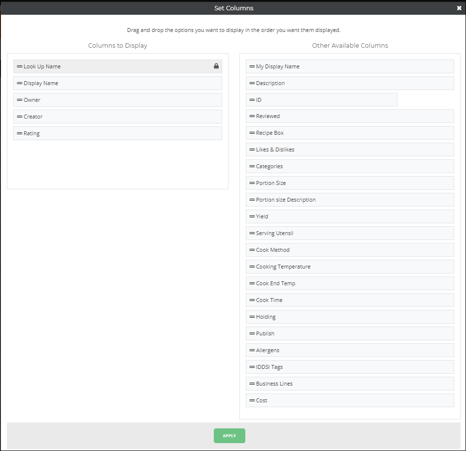 Setting Preferred Columns On The Recipes Listing Screen MealSuite