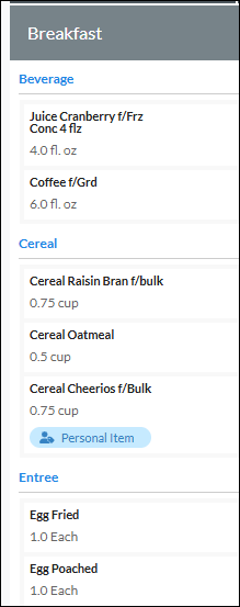 Opening a Personal Menu and Working in the Personal Menu Screen – MealSuite