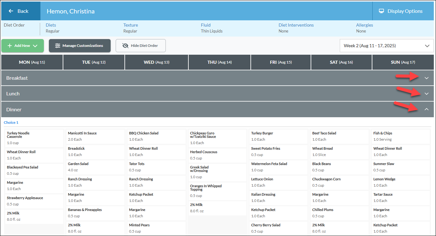 Opening a Personal Menu and Working in the Personal Menu Screen – MealSuite