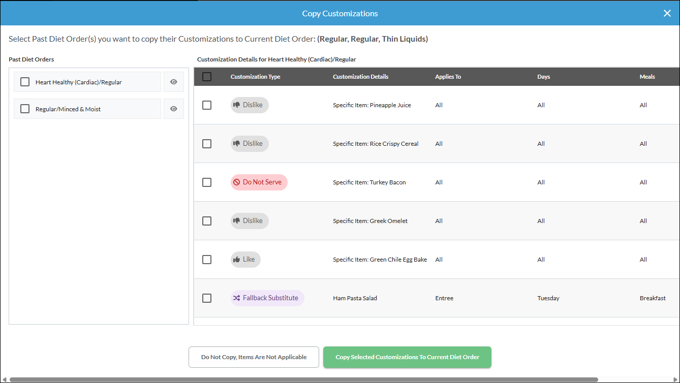 Opening a Personal Menu and Working in the Personal Menu Screen – MealSuite