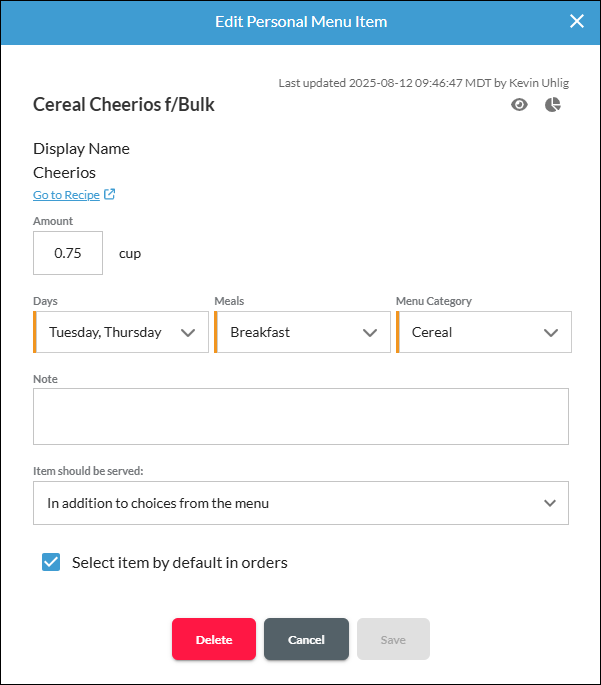 Adjusting Serving Size for a Resident/Patient's Personal Menu – MealSuite