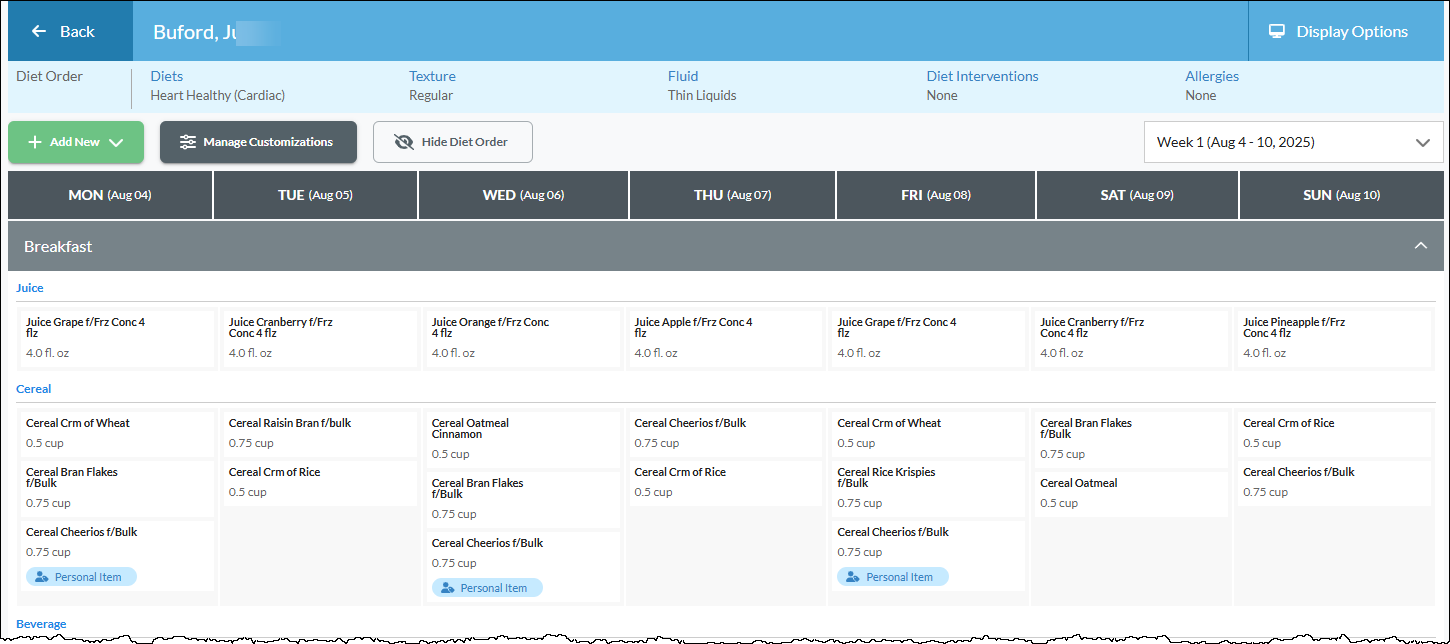 Opening a Personal Menu and Working in the Personal Menu Screen – MealSuite