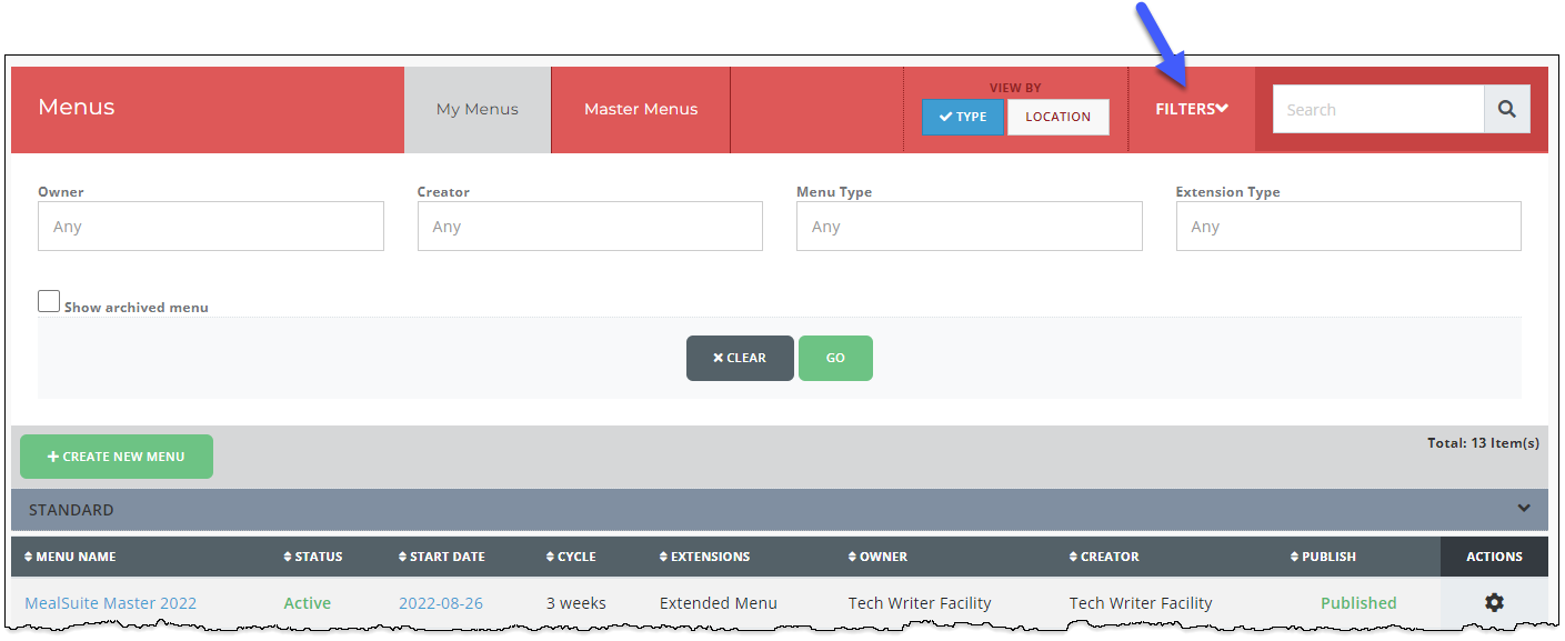 Working in the Menus Listing Screen – MealSuite